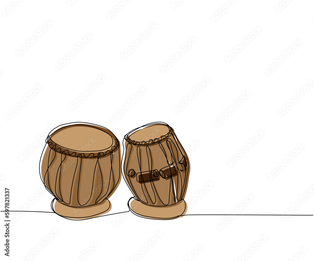 Tabla drum one line color art. Continuous line drawing of sound, beat ...