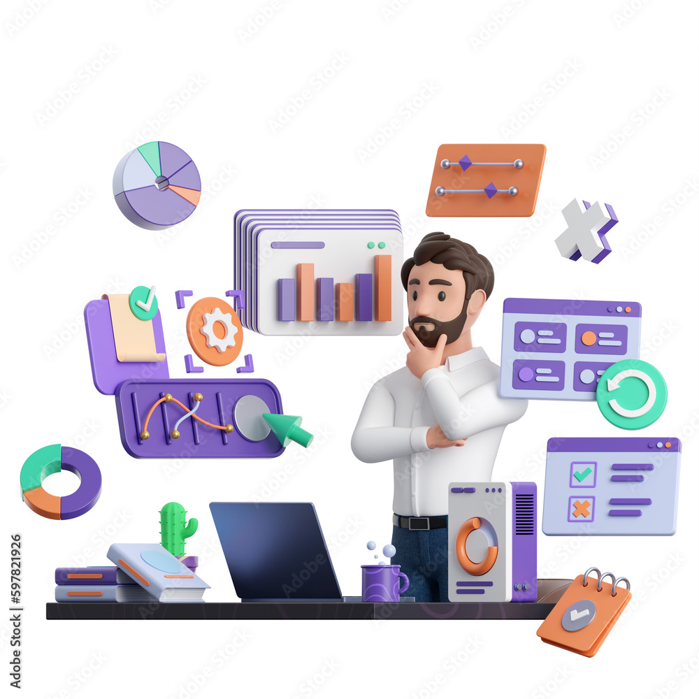 The 3D character of a male businessman, surrounded by charts and graphs ...