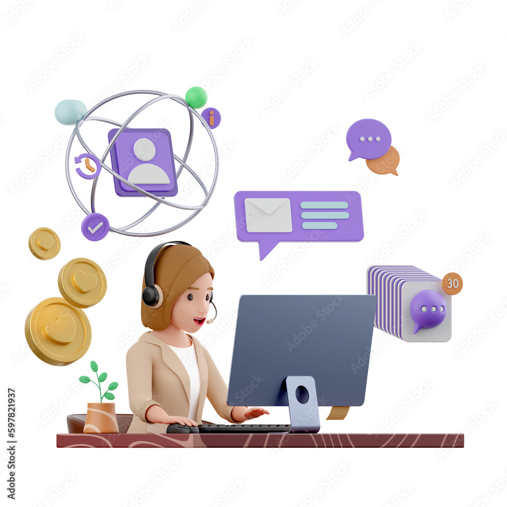The 3D female character in a suit sits at her computer wearing ...