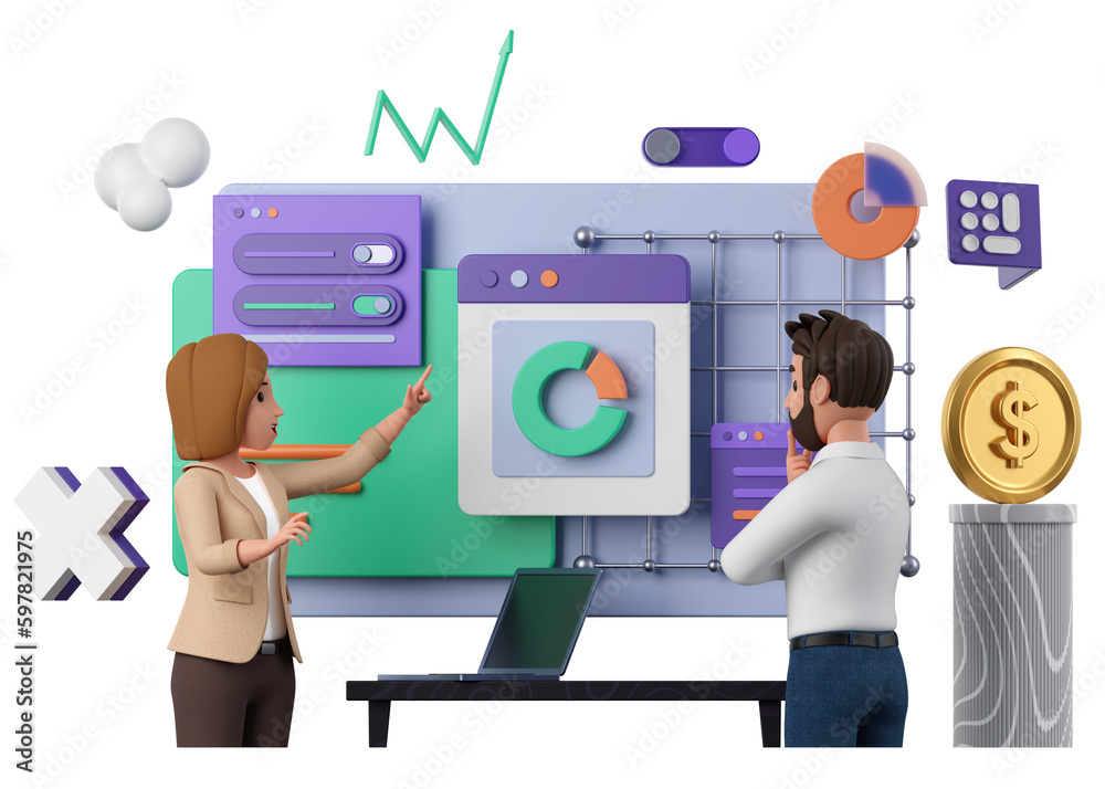 Female 3D character in a suit gives financial advice to a male 3d ...