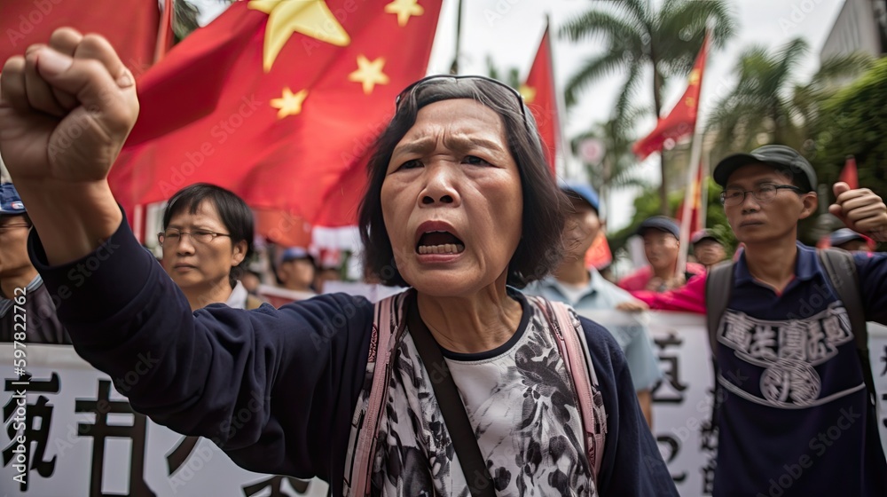 patriotic chinese people at march for war under country banners Stock ...