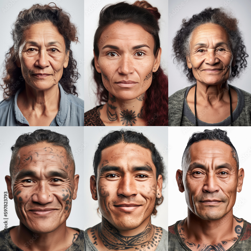 Portrait collage of Maori natives from New Zealand. Studio shot as ...