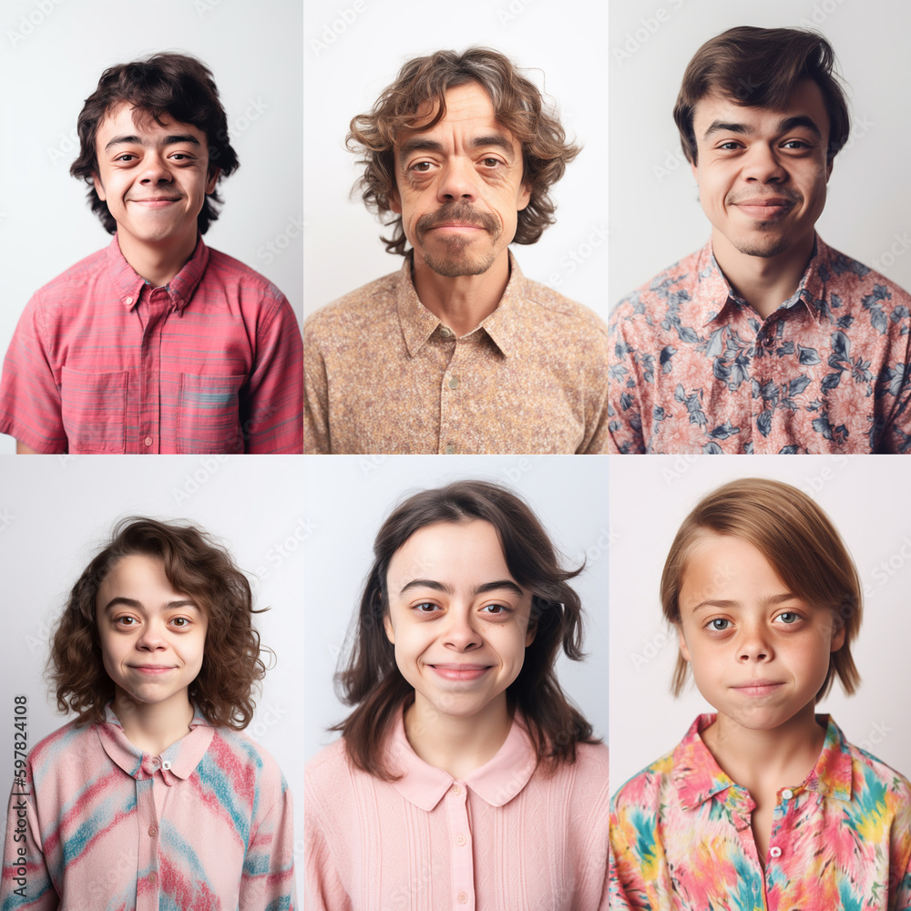 Collage of people with dwarfism portraits over studio shot background ...