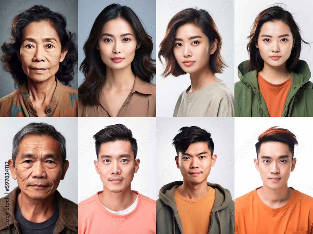 Portraits of variety of Asian people over studio shot background ...