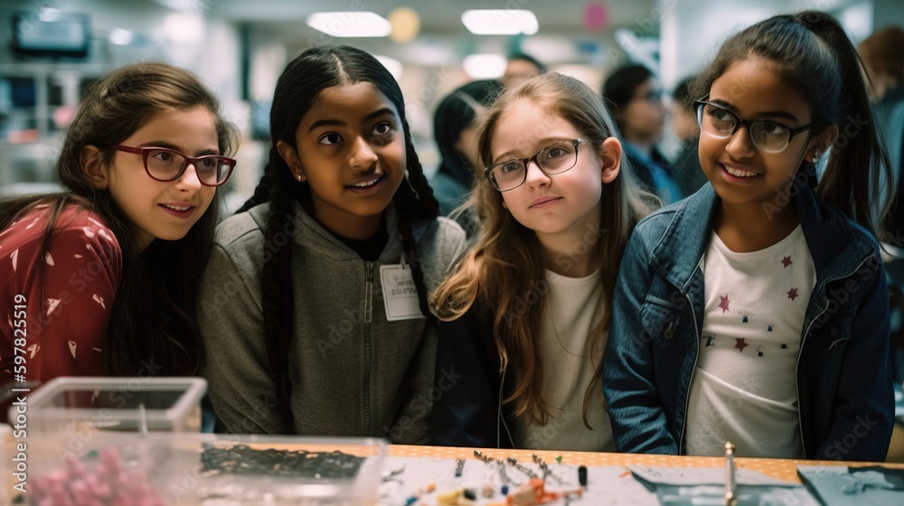 A group of girls participating in a science fair, showcasing their ...