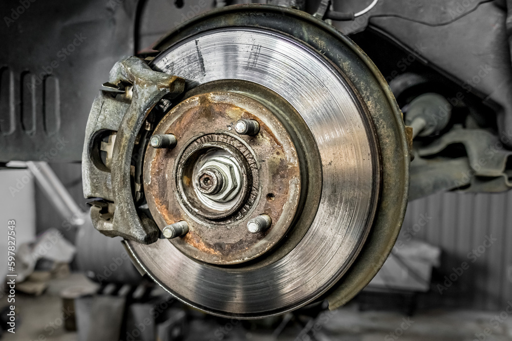 Brake pad on a car disc close-up. Car brake. Disassembled wheel. Disc ...