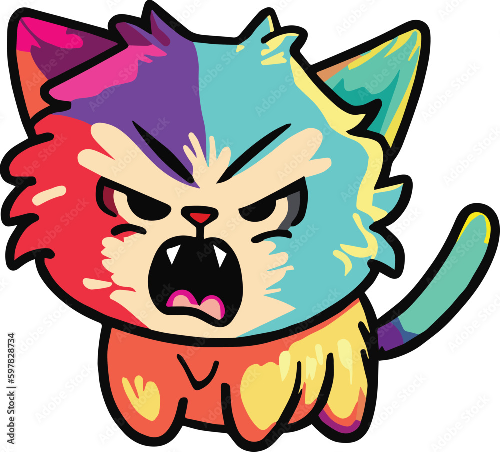 Cute angry cat hissing. Furious kitten with open mouth showing sharp ...