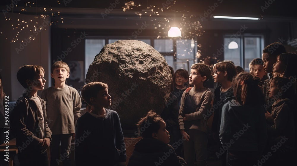 A group of children participating in an asteroid-themed science fair ...