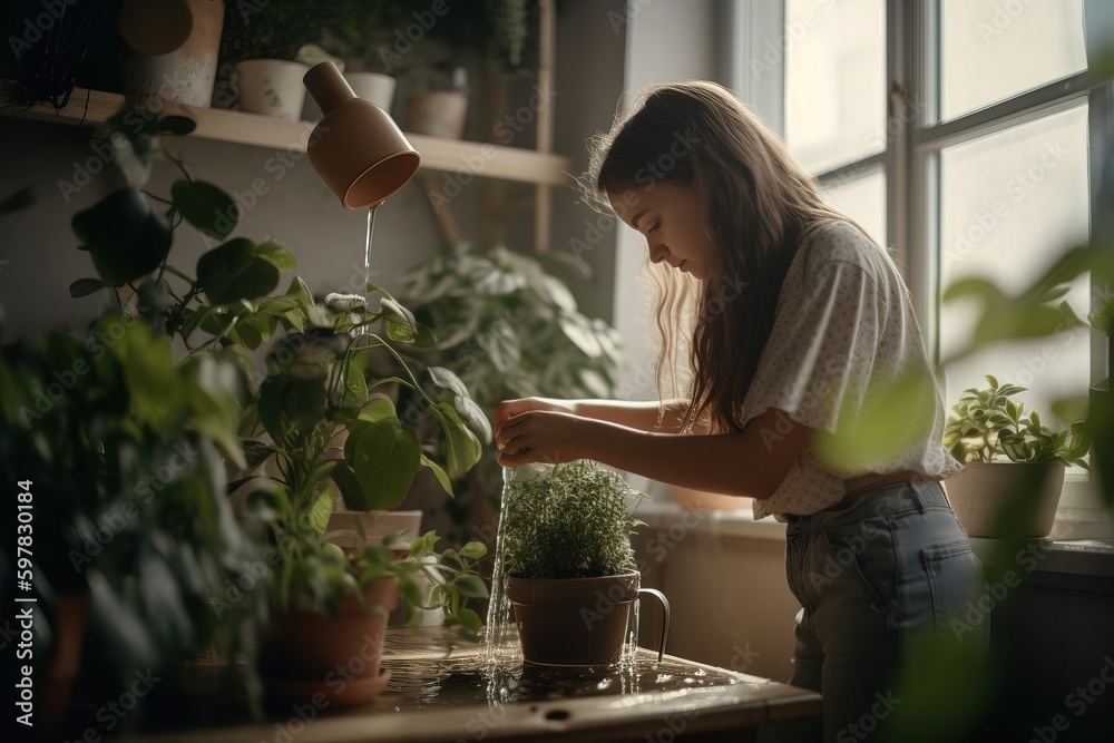 A mid-shot of a woman watering her indoor plants using water collected ...