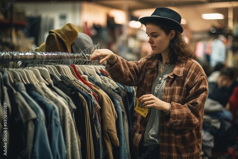 A mid-shot of a person shopping at a thrift store, browsing through a ...