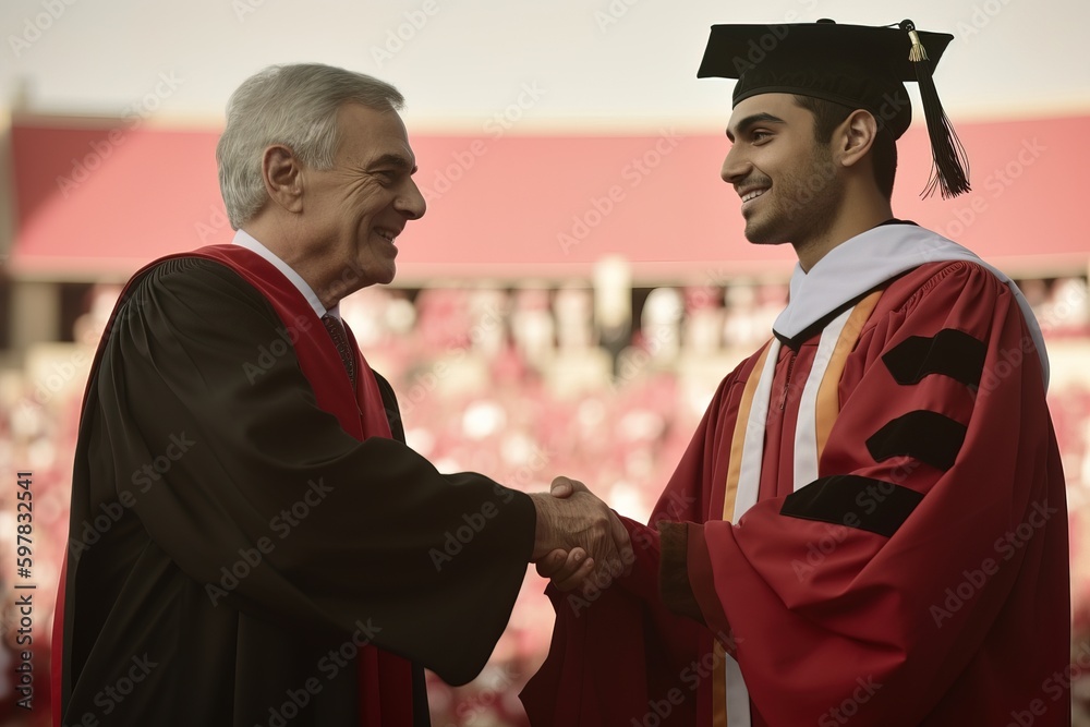 A medium shot of a graduate shaking hands with their professor on stage ...