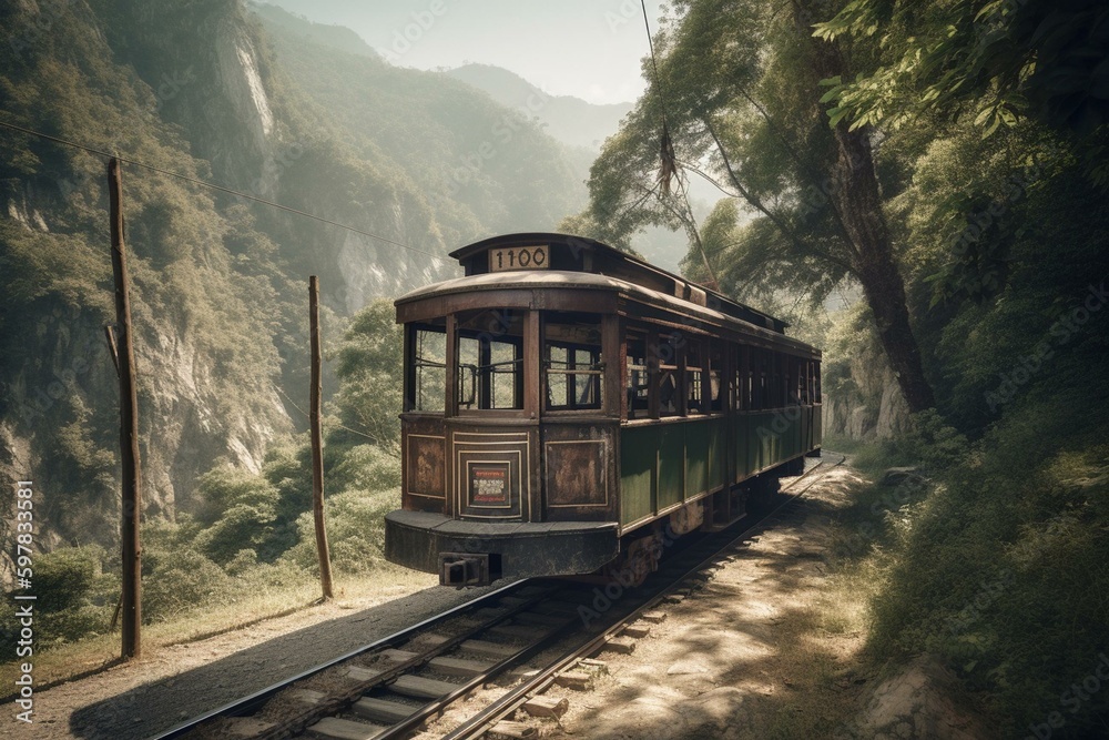 Artwork of a vintage trolley car on a mountain railway amidst nature ...