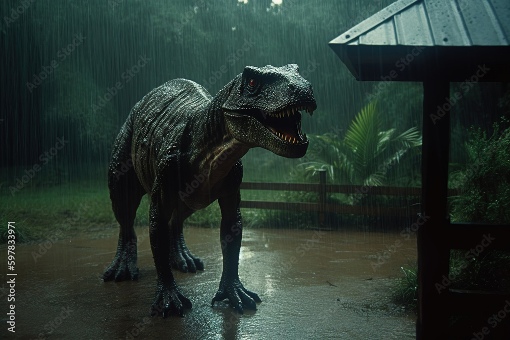 Dinosaur in Jurassic Park in the rain Stock Photo | Adobe Stock