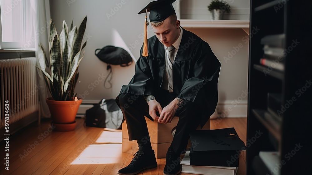 A graduate putting on their shoes while sitting on a bed, surrounded by ...
