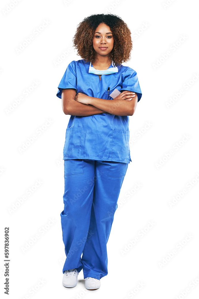 Portrait, black female nurse and arms crossed in png or transparent ...