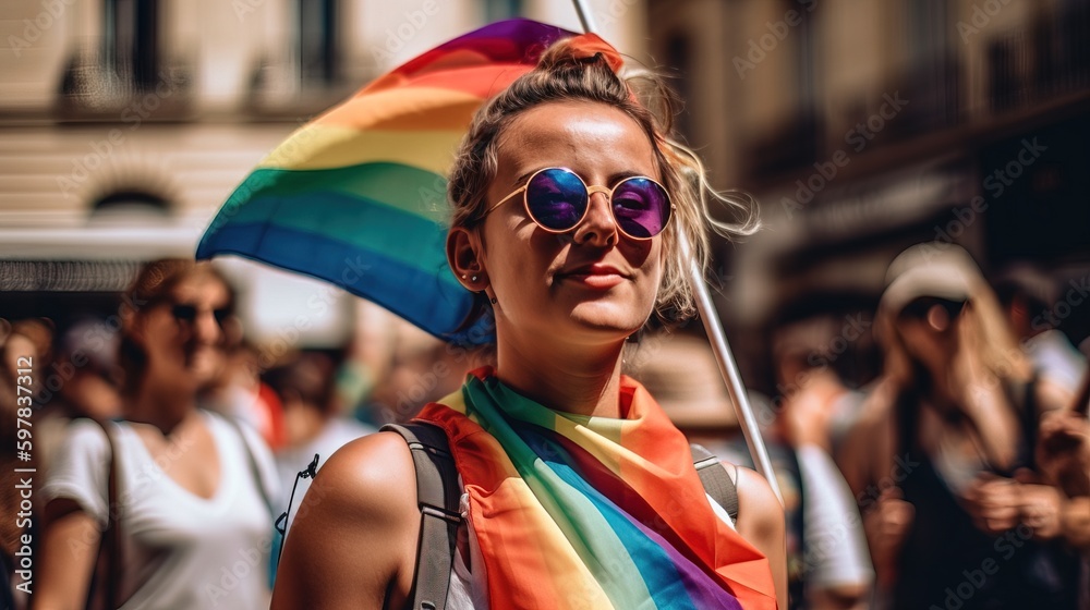 A genderqueer individual participating in a pride parade, waving a flag ...