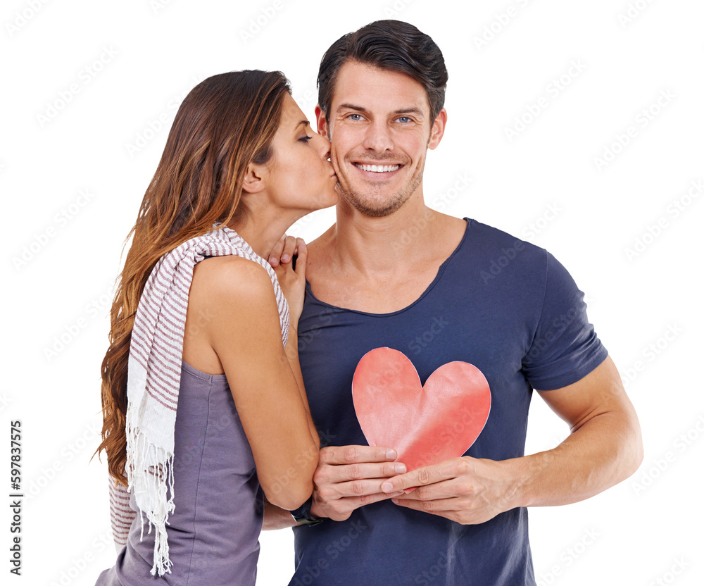Portrait, kiss and couple with a heart, romance and bonding isolated ...