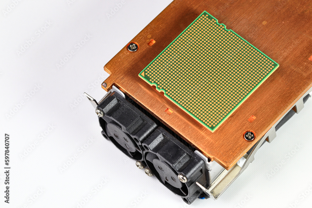 CPU on heat sink, computer processor cooler, radiator, equipment cooler ...
