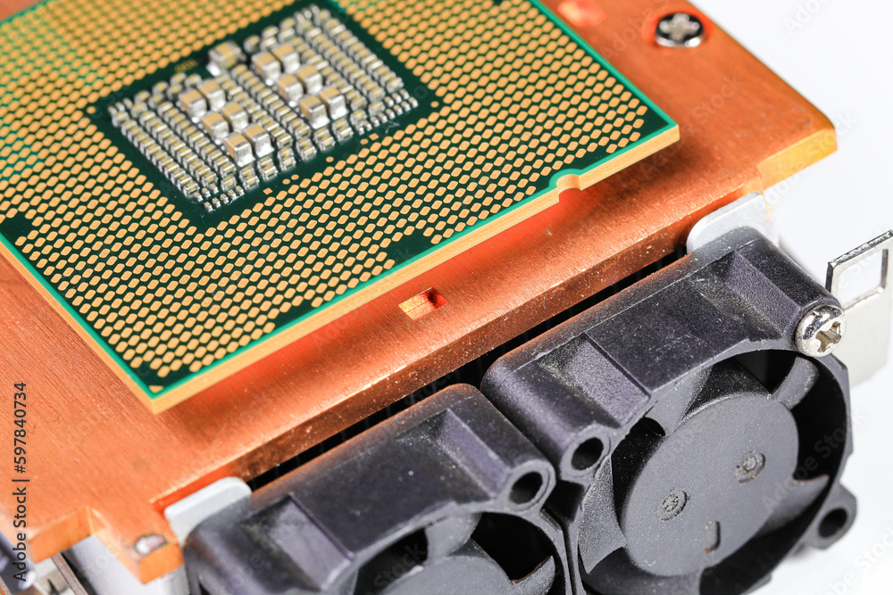 CPU on heat sink, computer processor cooler, radiator, equipment cooler ...