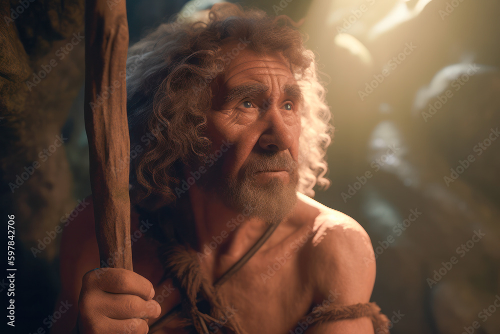 Caveman with Wooden Spear at Cave Entrance: A Portrait of a Prehistoric ...