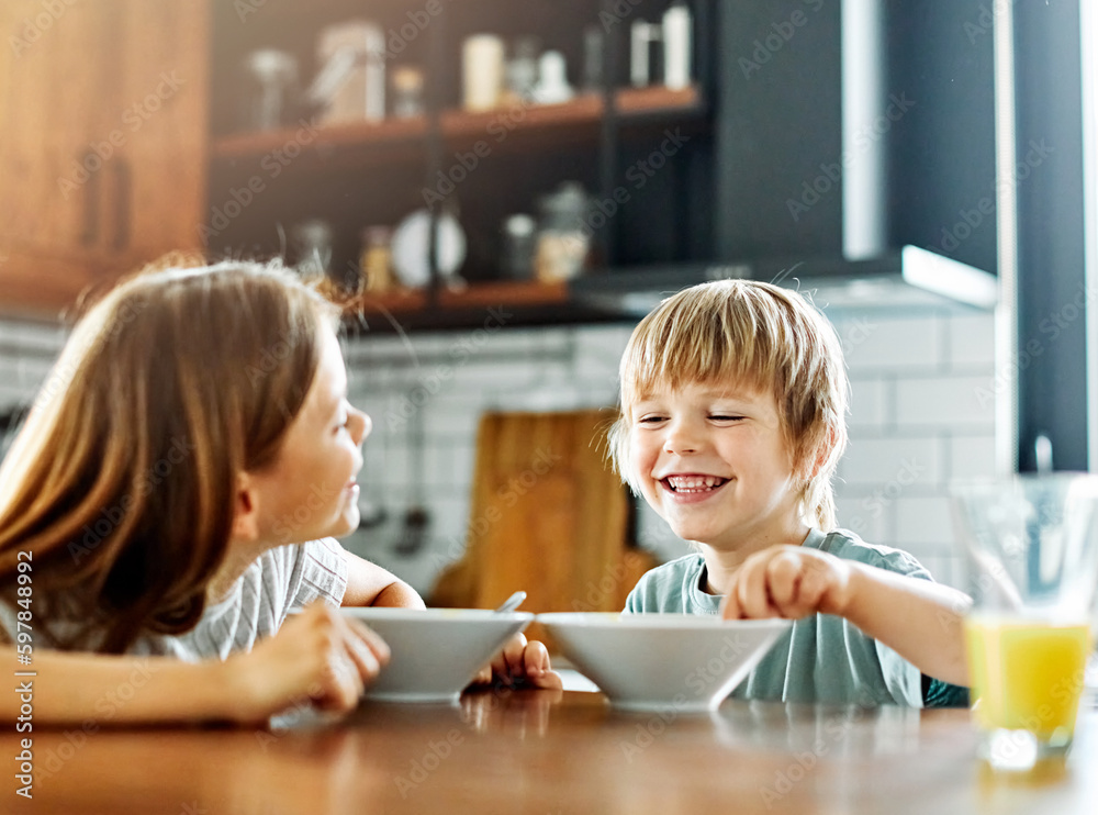child girl boy eating kid brother sister food breakfast kitchen ...