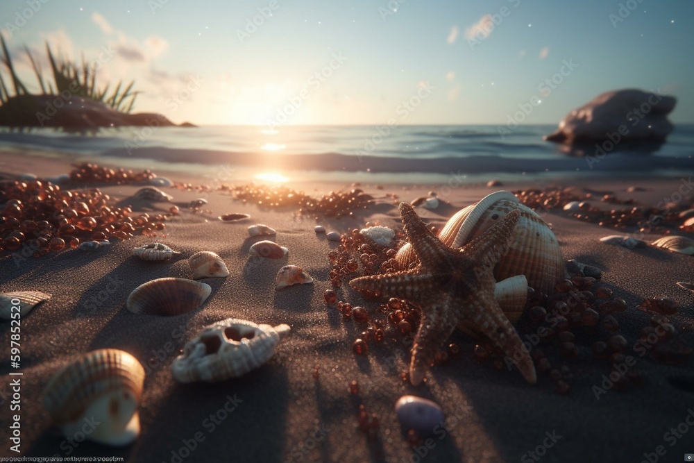 Explore intricate beach scene featuring luminescent shells and starfish ...