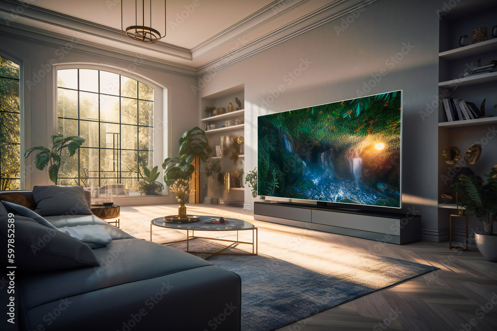 Big Screen TV Takes Center Stage in Modern Living Room. Generative AI ...