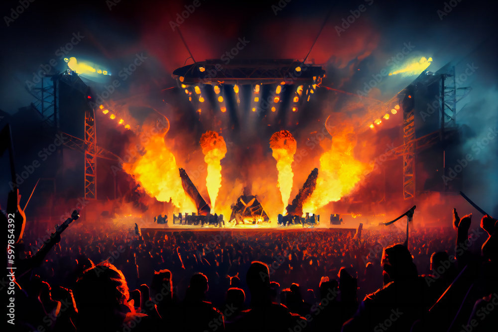 Metal Music Band Performing on Stage in a Crowded Venue with Fire Show ...