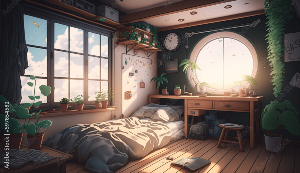 Modern home anime cute circle window bedroom interior design AI ...