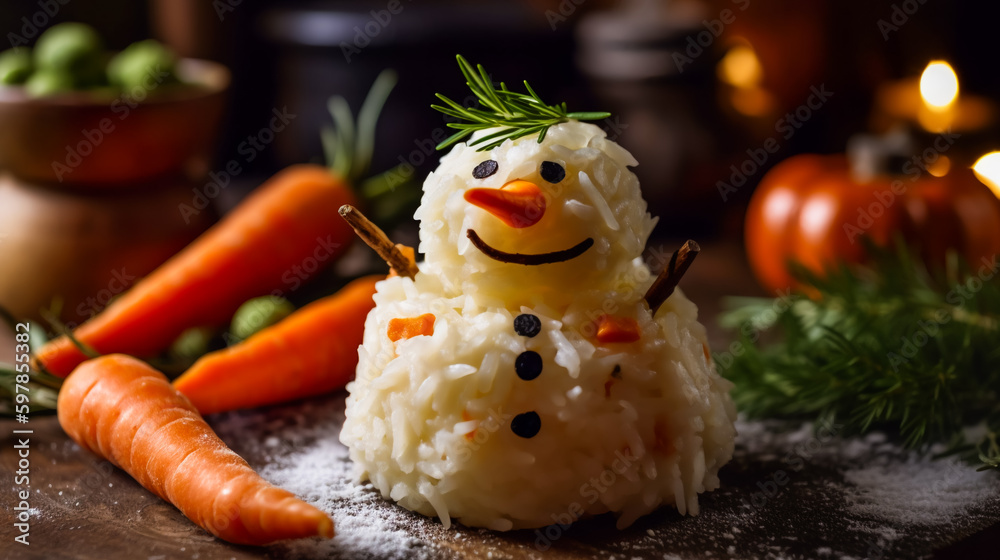 Rice snowman with vegetable buttons and a carrot nose. AI Generated ...