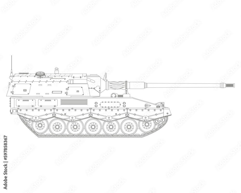 Self-propelled howitzer in line art. German 155 mm Panzerhaubitze 2000 ...