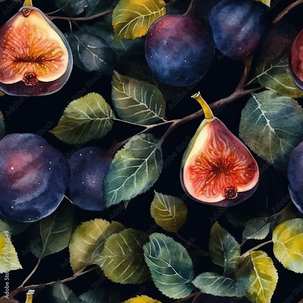 Floral seamless pattern of blue figs fruit and leaves. AI generated ...