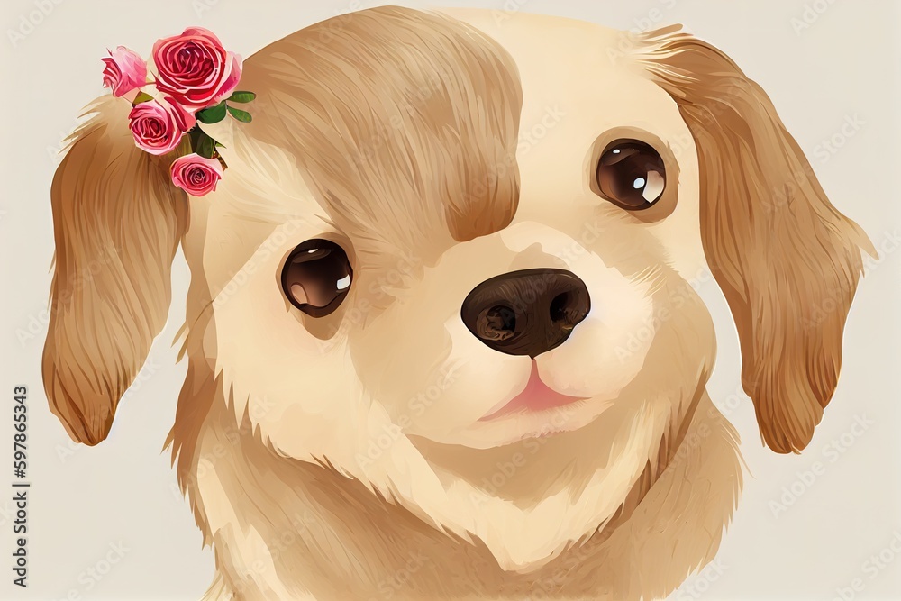 Cute dog with rose flower cartoon illustration. Generative AI Stock ...