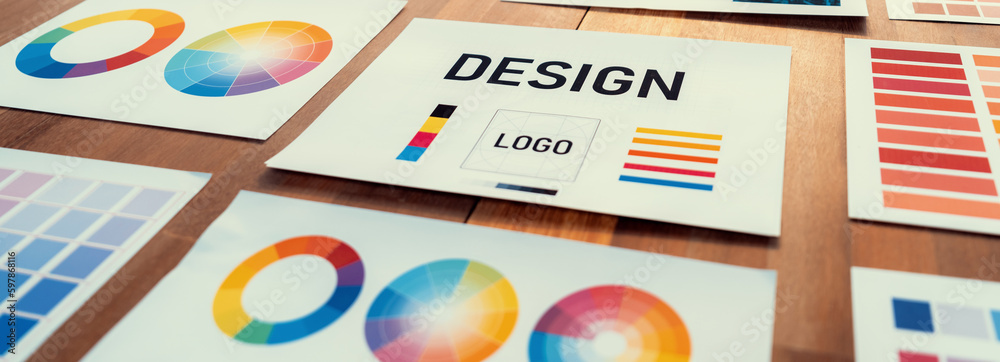 Panorama shot of various color palette idea papers arranged neatly on ...