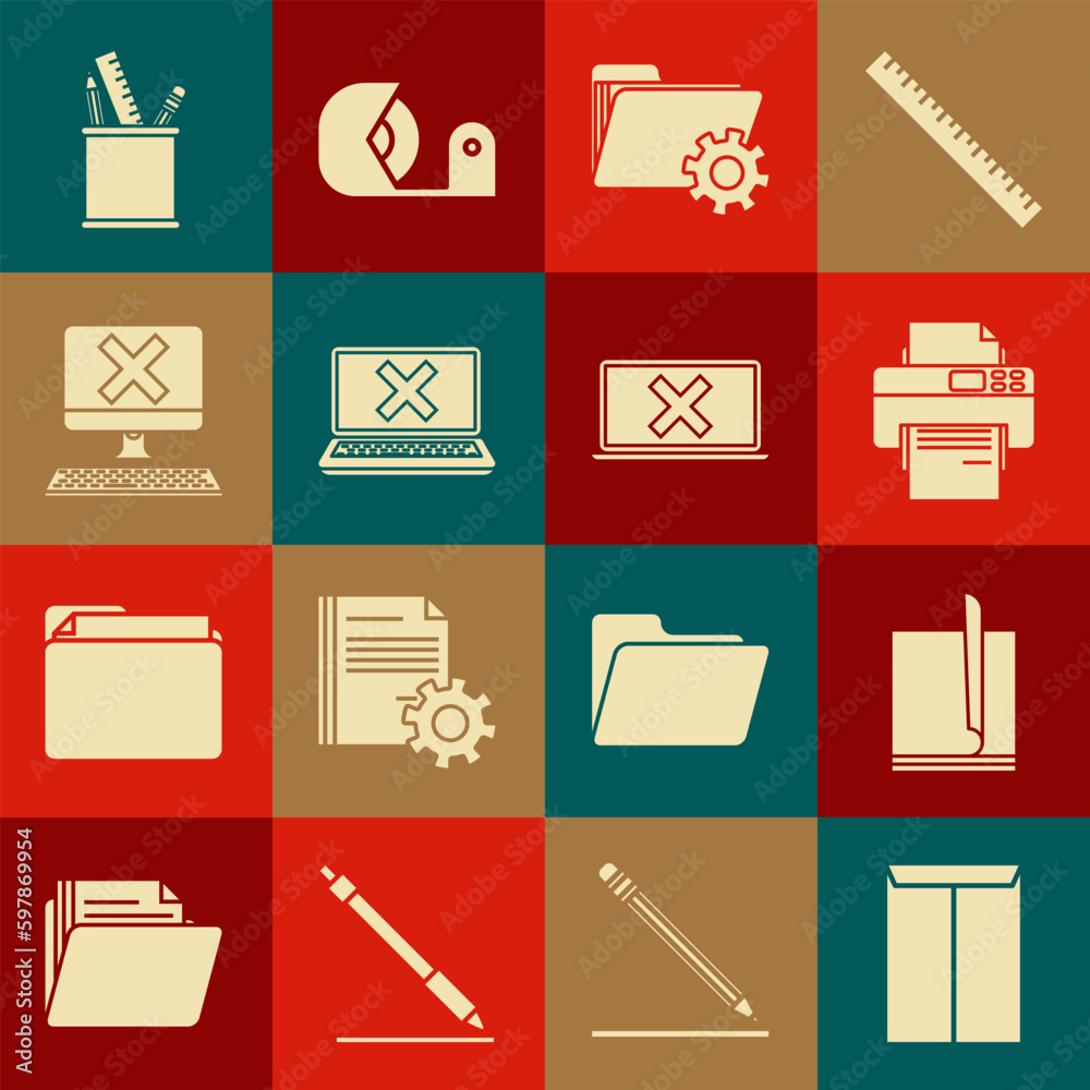 Set Envelope, File document, Printer, Folder settings with gears, Laptop and cross mark on ...