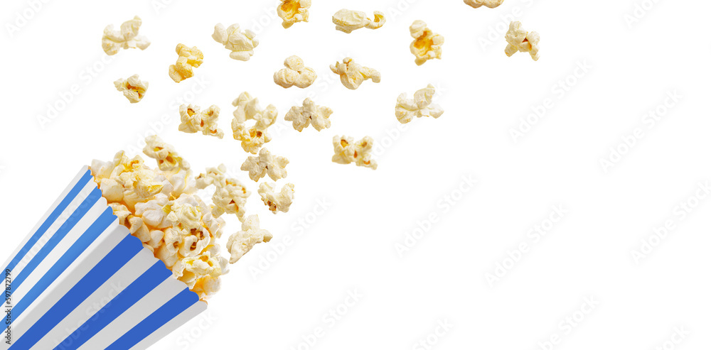 Popcorn flying out of blue white striped paper box isolated on white ...
