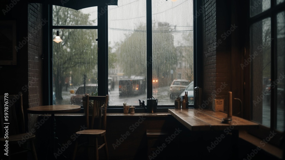 ire through the window, rainy day coffee shop, generative IA Stock ...