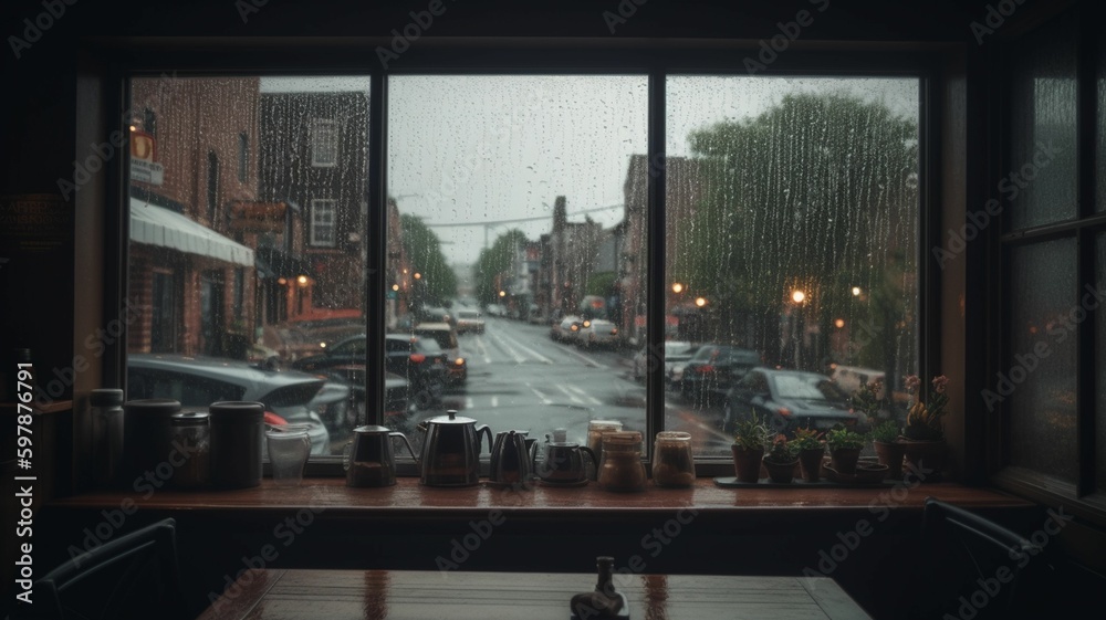 ire through the window, rainy day coffee shop, generative IA Stock ...