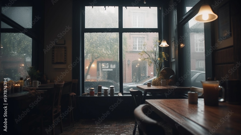ire through the window, rainy day coffee shop, generative IA Stock ...