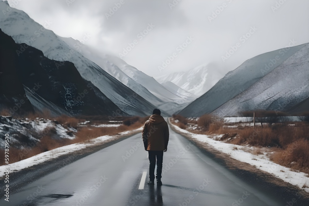 Wallpaper Illustration and background of a person walking, on a long road. Rear View. Concept of ...