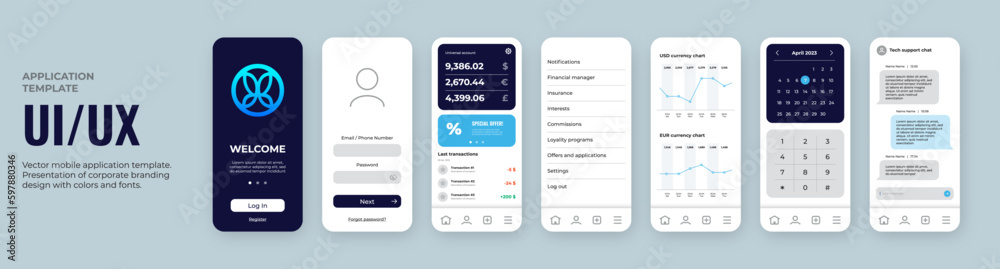 Mobile application design template. UI UX elements set with blue color ...