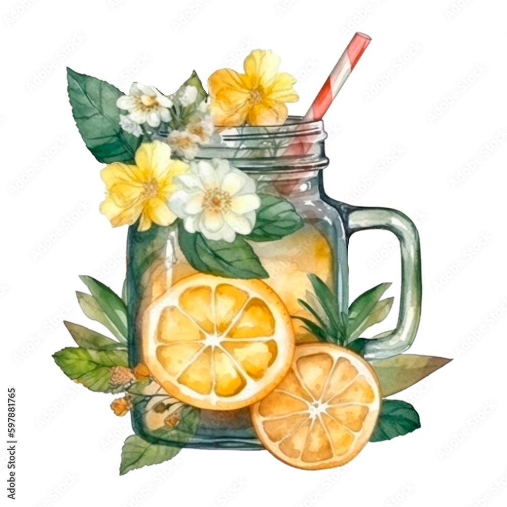Lemonade watercolor AI generative. Summer fresh lemonade with flowers ...