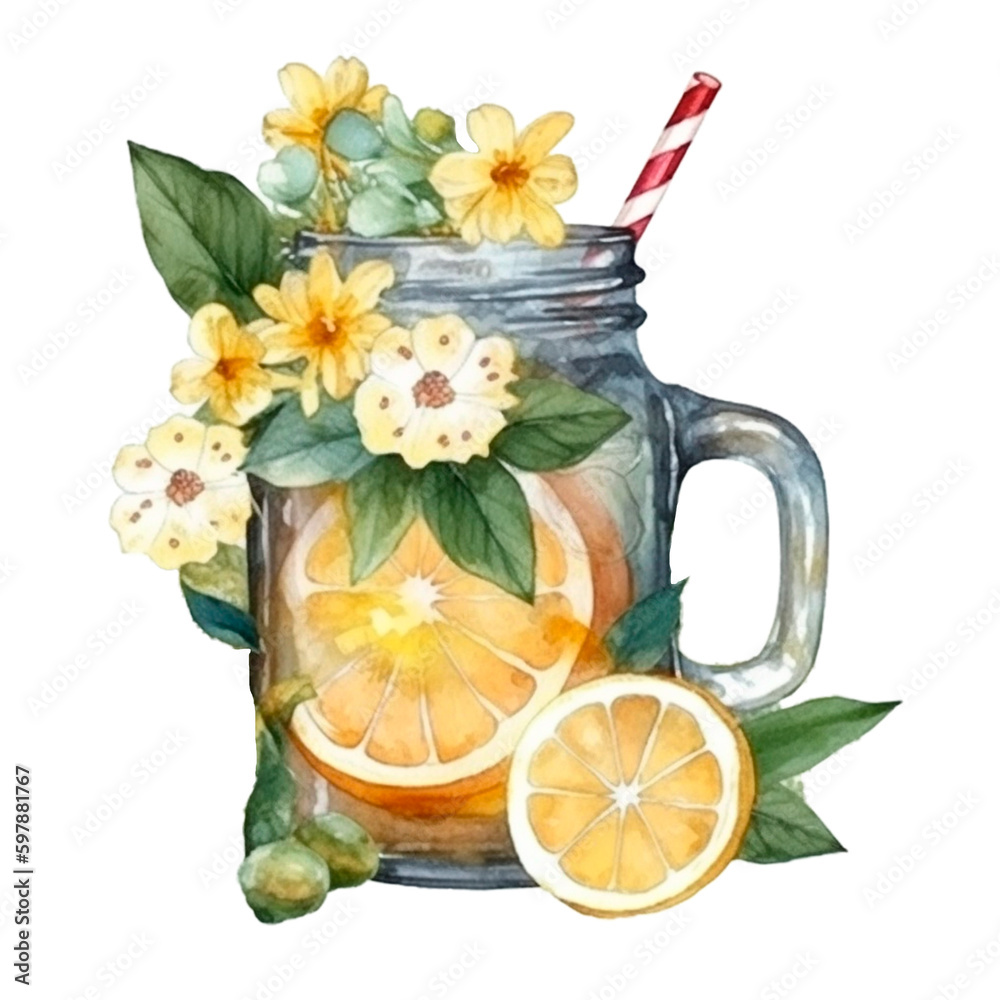 Lemonade watercolor AI generative. Summer fresh lemonade with flowers ...