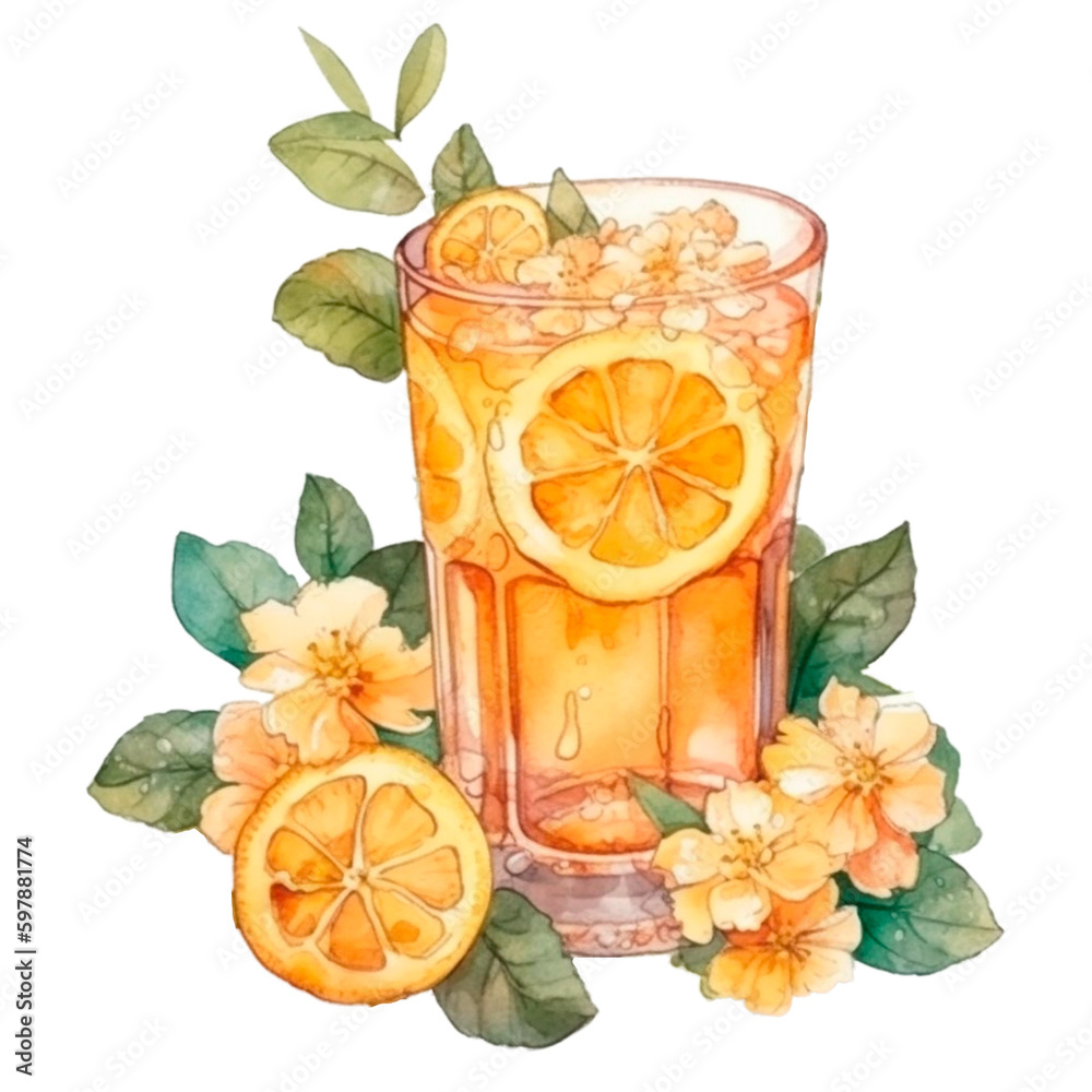 Lemonade watercolor AI generative. Summer fresh lemonade with flowers ...