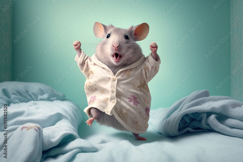 mouse in a terry bathrobe joyfully jumping on bed, created with ...