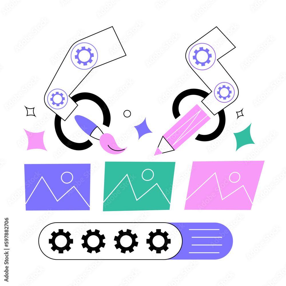 AI generating lots of images, creating art on belt conveyor, robotic ...