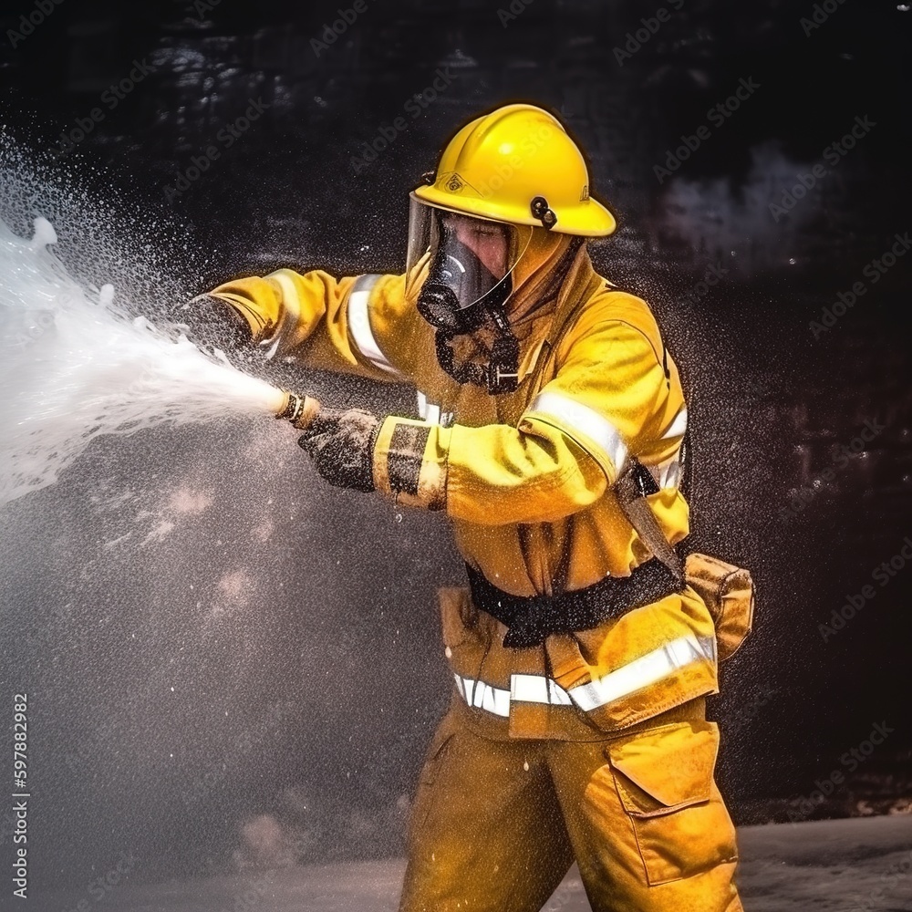 Firefighter rescue training with a fire extinguisher. Firefighter ...