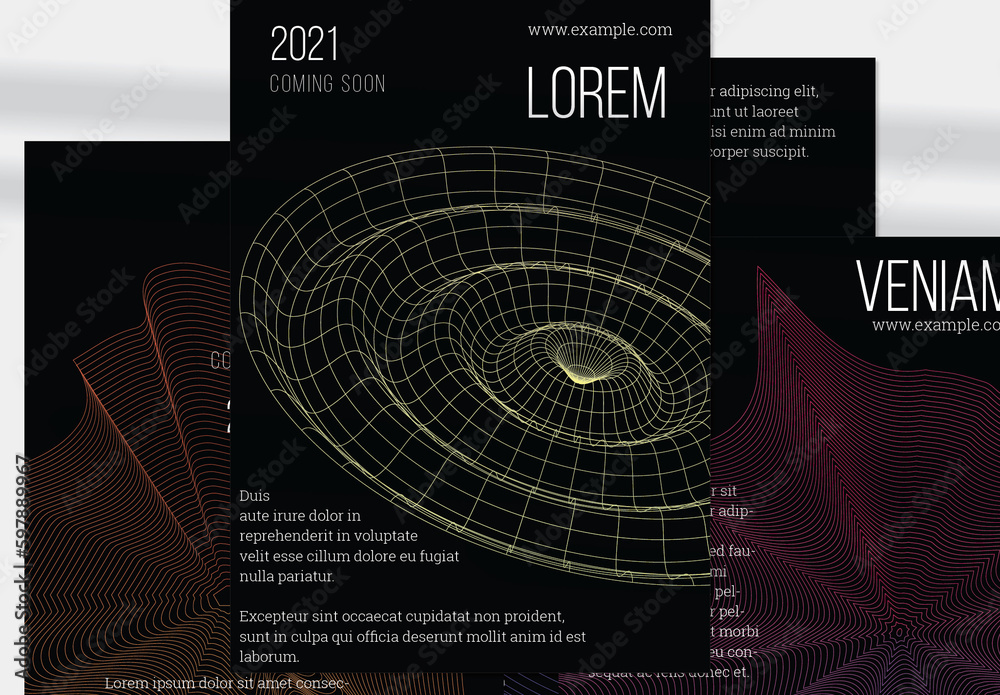 Flyer Layout with Geometric Wireframe Shapes on Black Stock Template ...