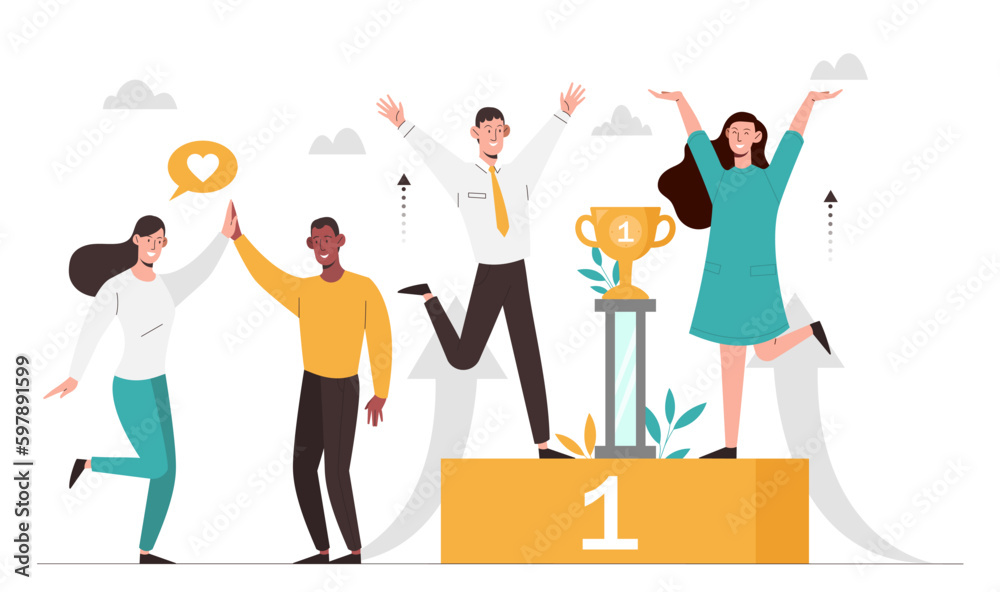First place concept. Man and woman stand on pedestal with trophy ...
