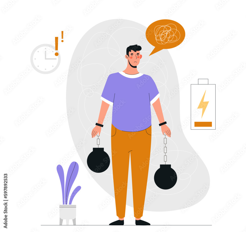 Overburdened person concept. Man with weights on hands stands next to ...